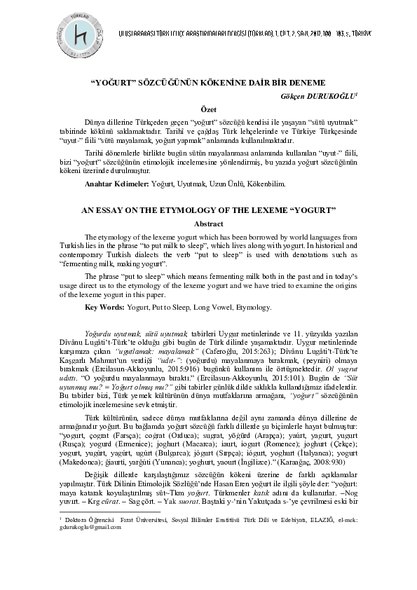 (PDF) "YOĞURT" SÖZCÜĞÜNÜN KÖKENİNE DAİR BİR DENEME AN ESSAY ON THE ETYMOLOGY OF THE LEXEME "YOGURT"