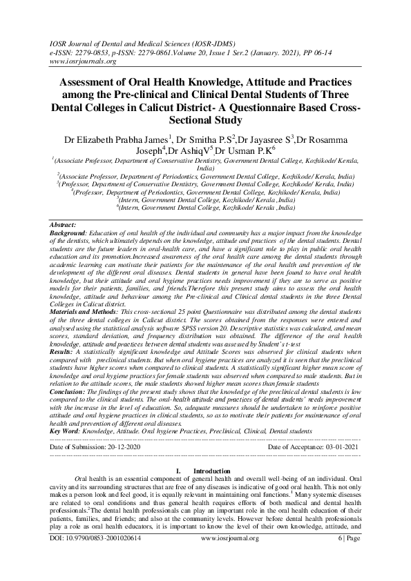 (PDF) Assessment of Oral Health Knowledge, Attitude and Practices among ...
