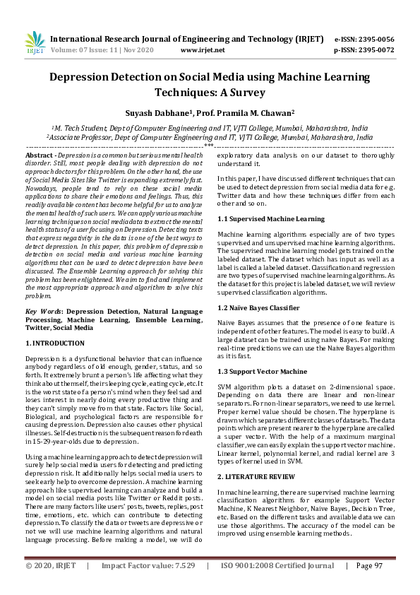 (PDF) IRJET- Depression Detection on Social Media using Machine ...