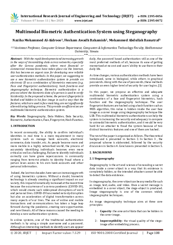 (PDF) IRJET- Multimodal Biometric Authentication System using Steganography