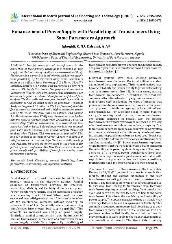 IRJET- Enhancement of Power Supply with Paralleling of Transformers ...
