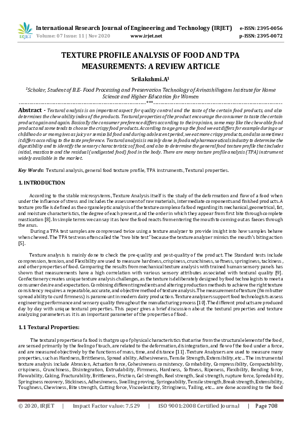 Pdf Irjet Texture Profile Analysis Of Food And Tpa Measurements A Review Article