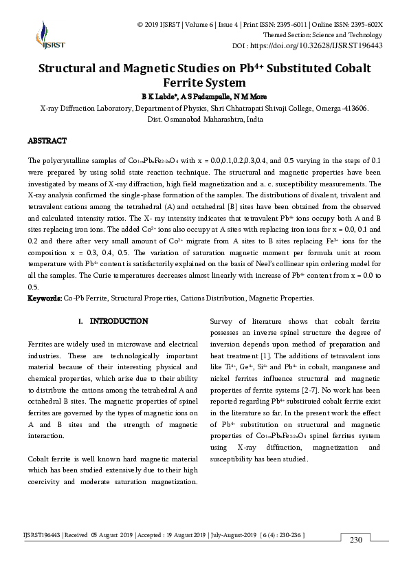 (PDF) Structural and Magnetic Studies on Pb4+ Substituted Cobalt Ferrite System
