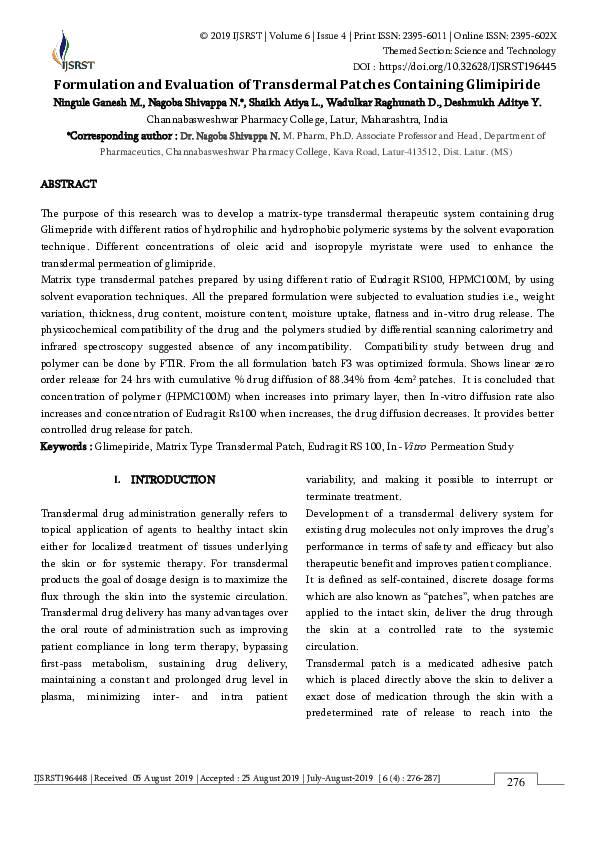 (PDF) Formulation and Evaluation of Transdermal Patches Containing Glimipiride