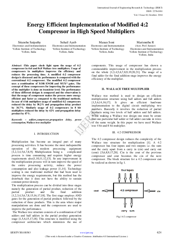 Pdf Ijert Energy Efficient Implementation Of Modified 42 Compressor In High Speed Multipliers 