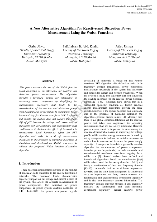 Pdf Ijert A New Alternative Algorithm For Reactive And Distortion Power Measurement Using The