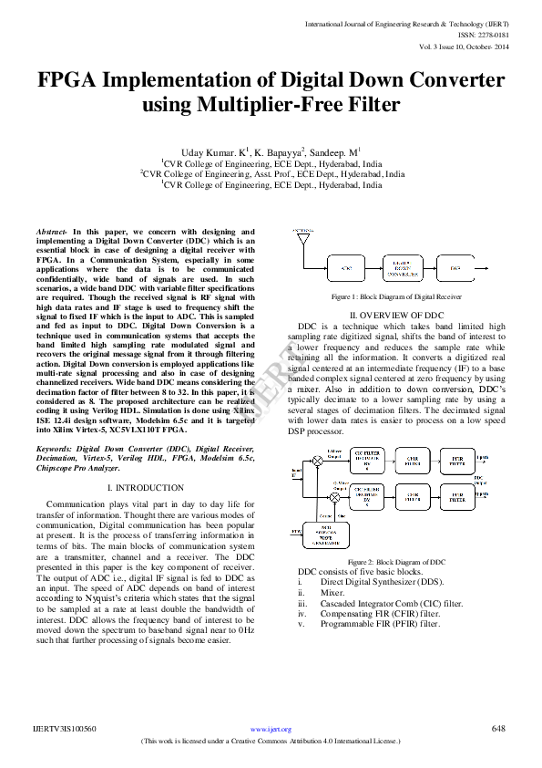Pdf Ijert Fpga Implementation Of Digital Down Converter Using Multiplier Free Filter Ijert