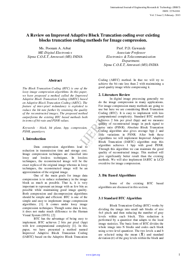 Pdf Ijert A Review On Improved Adaptive Block Truncation Coding Over Existing Blocks 