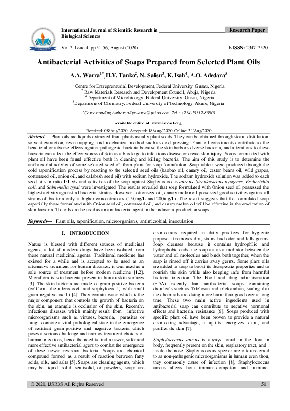 (PDF) Antibacterial Activities of Soaps Prepared from Selected Plant Oils