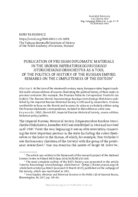 (PDF) Publication of Prussian Diplomatic Materials in the Sbornik ...