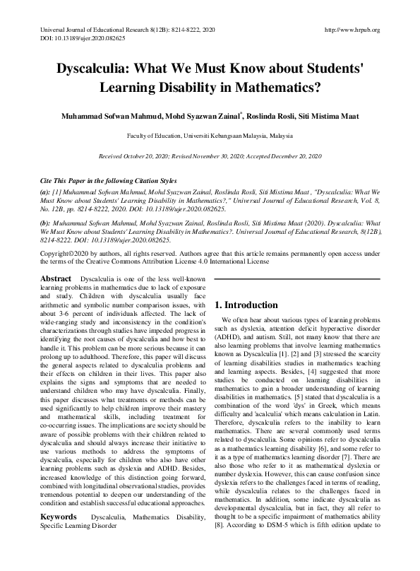 (PDF) Dyscalculia: What We Must Know about Students' Learning ...