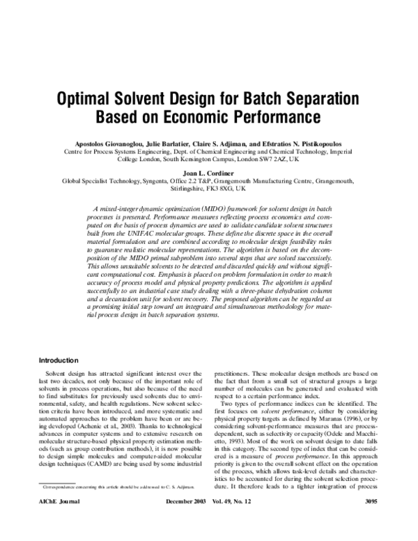 (PDF) Optimal solvent design for batch separation based on economic ...
