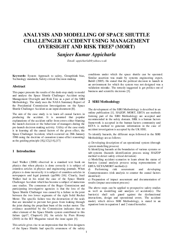 (PDF) Analysis and modelling of Space Shuttle Challenger Accident using ...