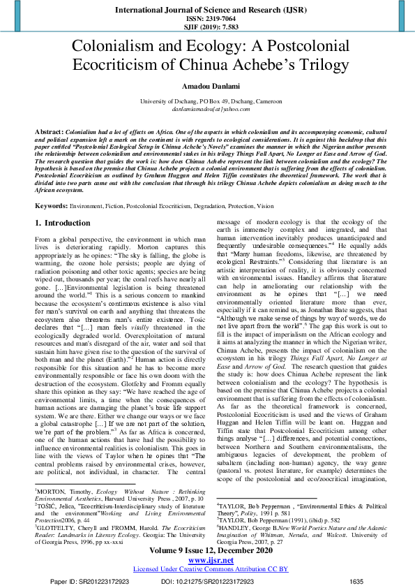 (PDF) Colonialism and Ecology: A Postcolonial Ecocriticism of Chinua ...