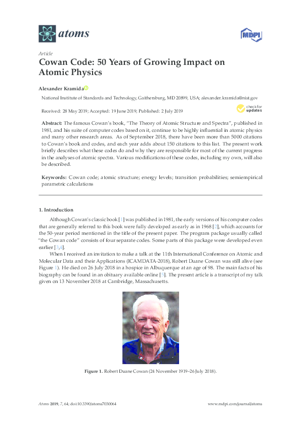 (PDF) Cowan Code: 50 Years of Growing Impact on Atomic Physics