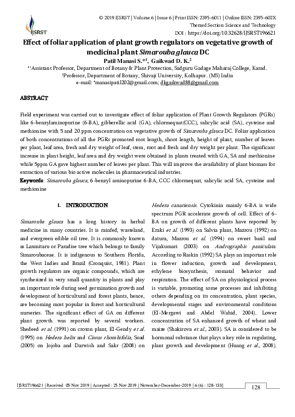 (PDF) Effect of Foliar Application of Plant Growth Regulators on Vegetative Growth of Medicinal ...