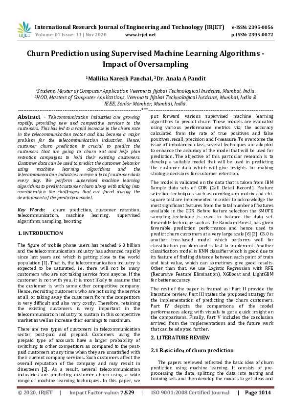 (PDF) IRJET- Churn Prediction using Supervised Machine Learning ...