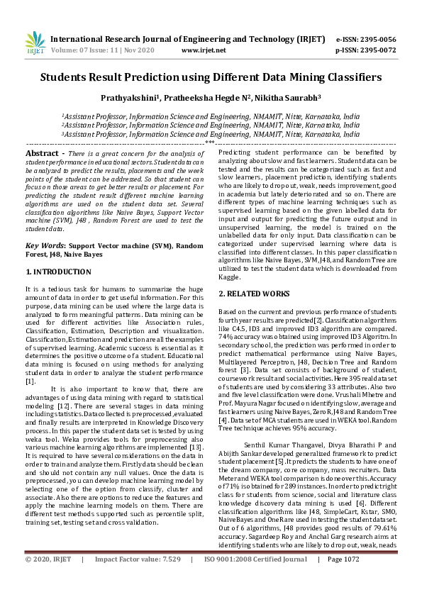 (PDF) IRJET- Students Result Prediction using Different Data Mining Classifiers