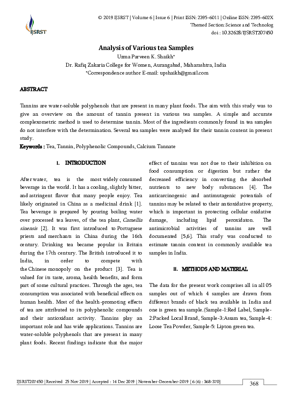 (PDF) Analysis of Various tea Samples