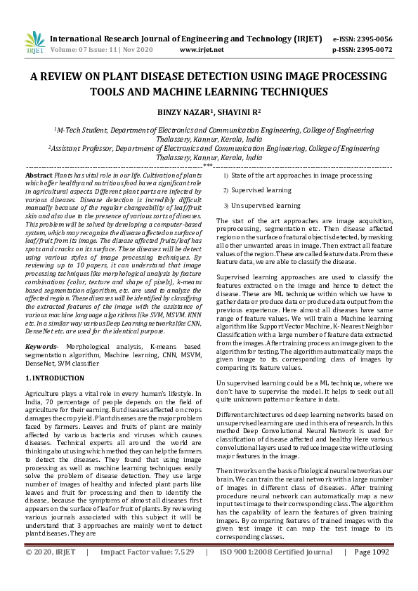 (PDF) IRJET- A REVIEW ON PLANT DISEASE DETECTION USING IMAGE PROCESSING ...