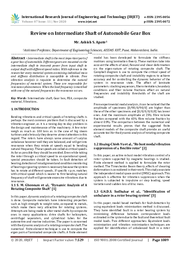 (PDF) IRJET- Review on Intermediate Shaft of Automobile Gear Box