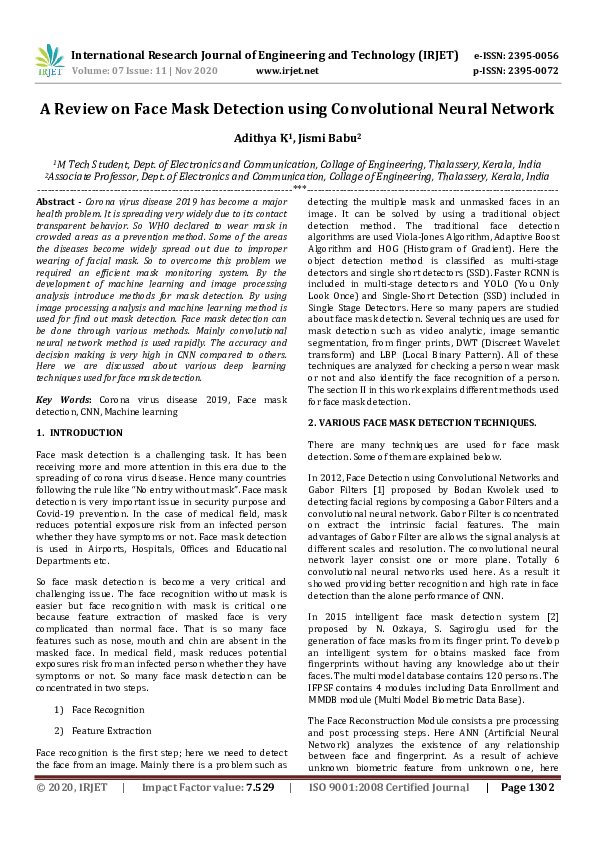 (PDF) IRJET- A Review on Face Mask Detection using Convolutional Neural Network