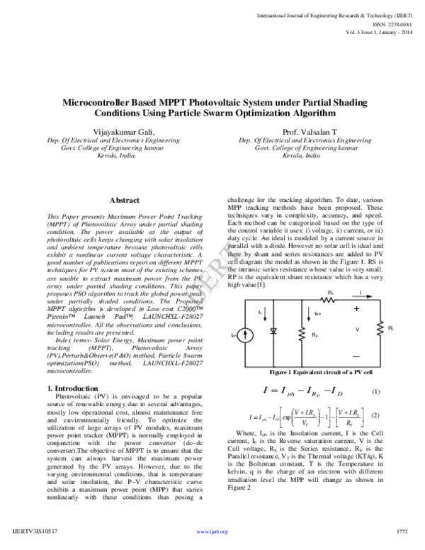 Pdf Ijert Microcontroller Based Mppt Photovoltaic System Under Partial Shading Conditions