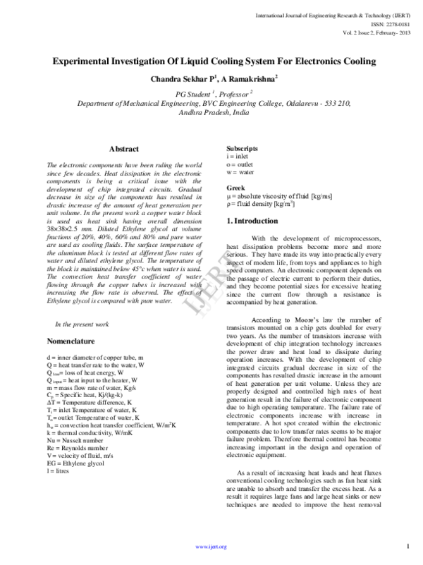 (PDF) IJERT-Experimental Investigation Of Liquid Cooling System For Electronics Cooling