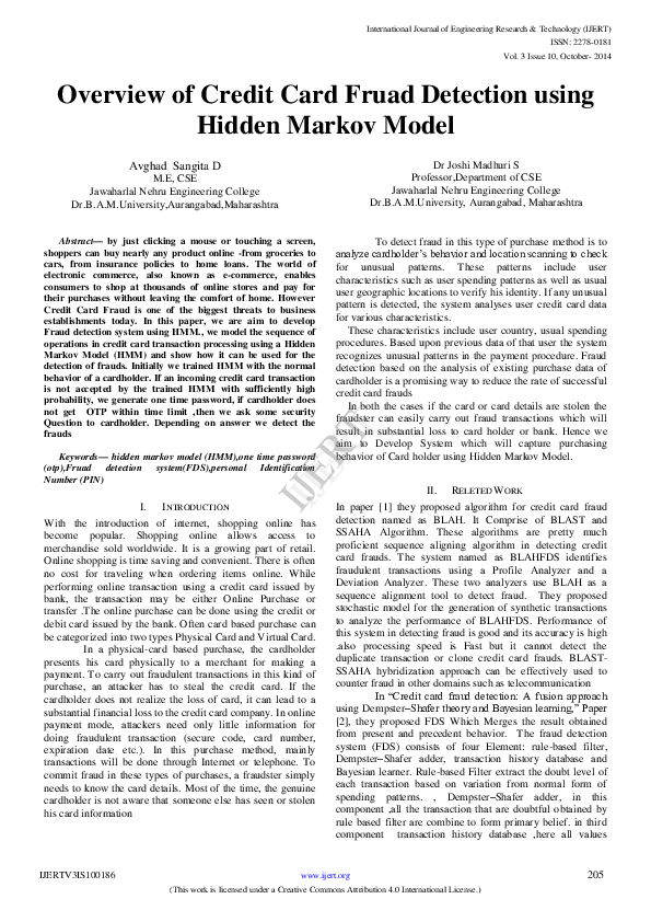 Pdf Ijert Overview Of Credit Card Fruad Detection Using Hidden Markov