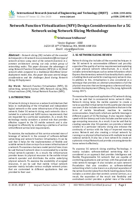 (PDF) IRJET- Network Function Virtualization (NFV) Design Considerations for a 5G Network using ...