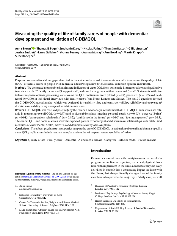 (PDF) Measuring the quality of life of family carers of people with ...
