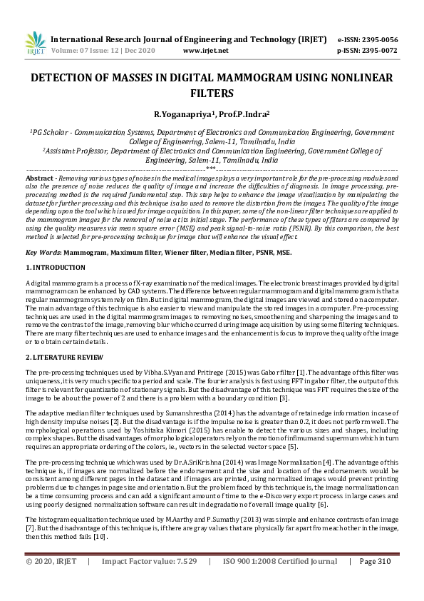 (PDF) IRJET- DETECTION OF MASSES IN DIGITAL MAMMOGRAM USING NONLINEAR FILTERS