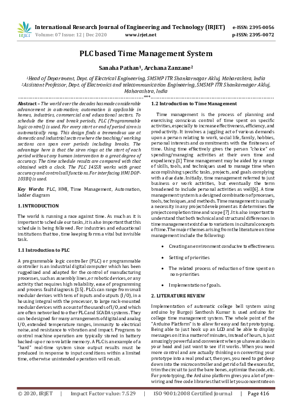 (PDF) IRJET- PLC based Time Management System (PDF) IRJET- PLC based Time Management System