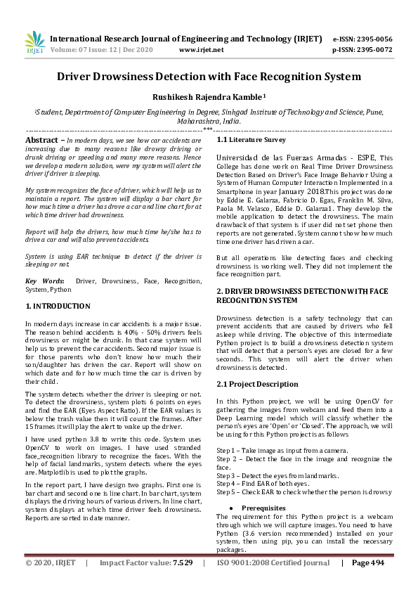 (PDF) IRJET- Driver Drowsiness Detection with Face Recognition System (PDF) IRJET- Driver Drowsiness Detection with Face Recognition System