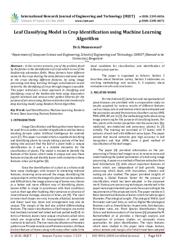 Pdf Leaf Classifying Model In Crop Identification Using Machine Learning Algorithm