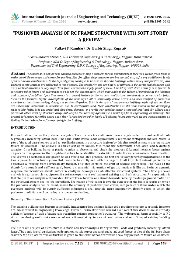 (PDF) "PUSHOVER ANALYSIS OF RC FRAME STRUCTURE WITH SOFT STOREY A REVIEW"