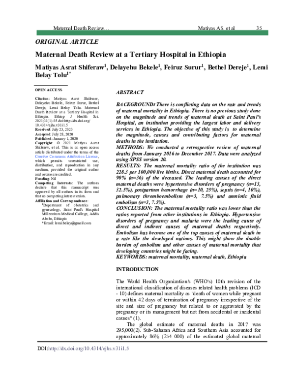 (PDF) Maternal Death Review at a Tertiary Hospital in Ethiopia
