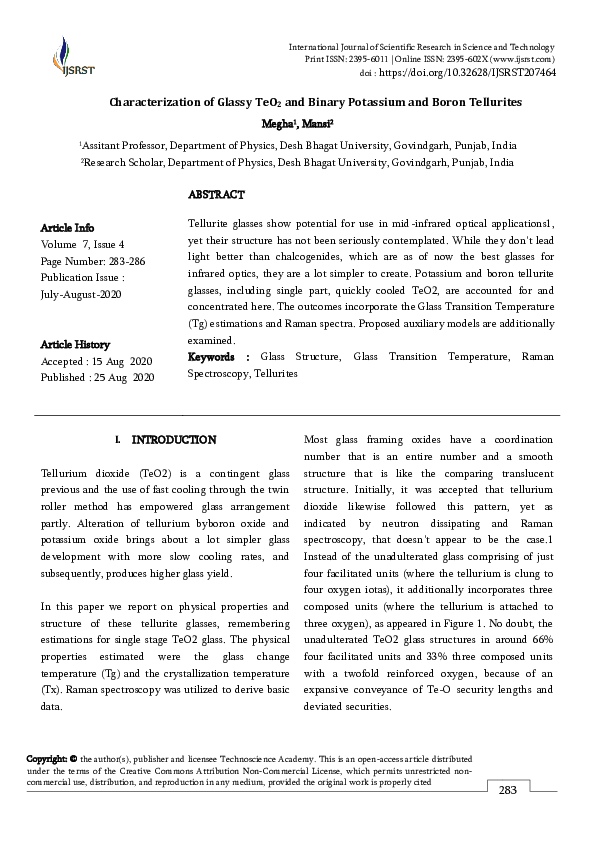(PDF) Characterization of Glassy TeO2 and Binary Potassium and Boron ...