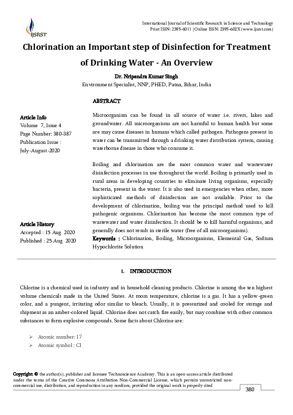 (PDF) Chlorination an Important step of Disinfection for Treatment of ...