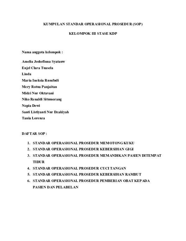 (DOC) KUMPULAN STANDAR OPERASIONAL PROSEDUR (SOP) KELOMPOK III STASE KDP Nama anggota kelompok