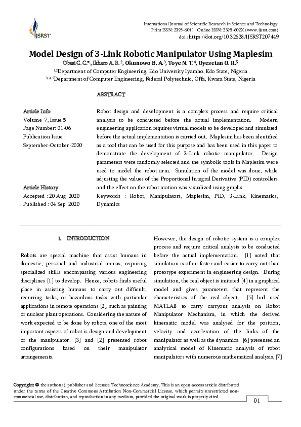 (PDF) Model Design of 3-Link Robotic Manipulator Using Maplesim