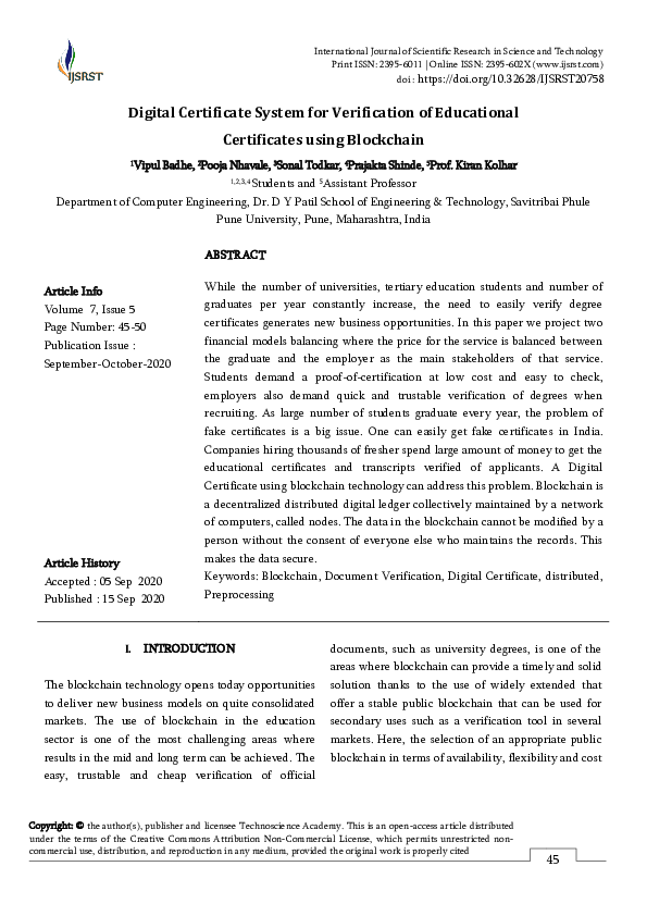 Pdf Digital Certificate System For Verification Of Educational Certificates Using Blockchain
