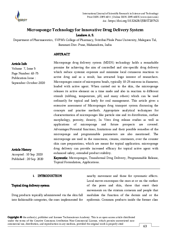 (PDF) Microsponge Technology for Innovative Drug Delivery System