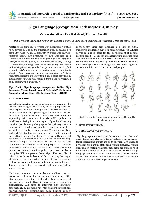 Pdf Sign Language Recognition Techniques A Survey Irjet Journal