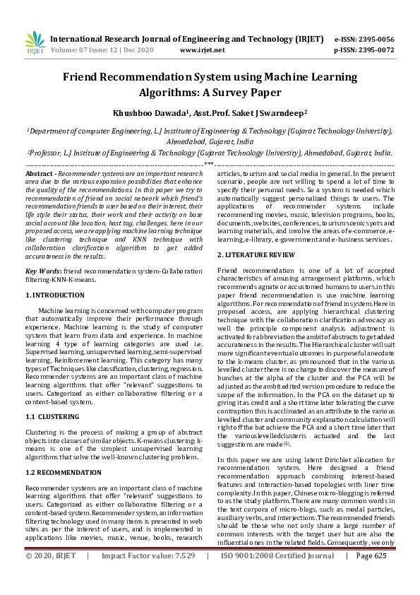 (PDF) IRJET- Friend Recommendation System using Machine Learning Algorithms: A Survey Paper