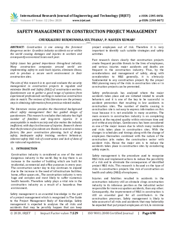 (PDF) IRJET- SAFETY MANAGEMENT IN CONSTRUCTION PROJECT MANAGEMENT