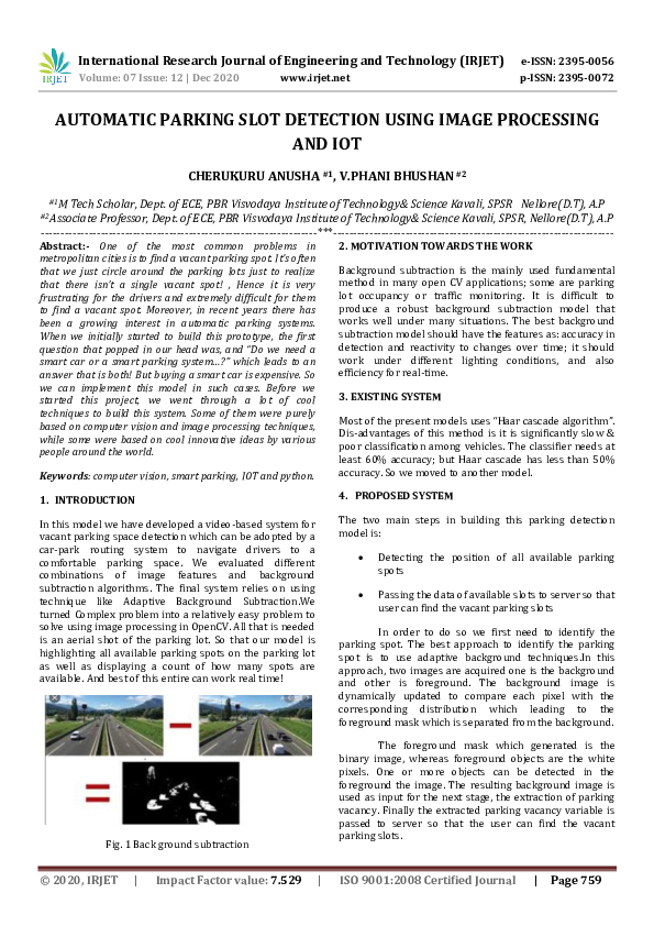 (PDF) IRJET- AUTOMATIC PARKING SLOT DETECTION USING IMAGE PROCESSING AND IOT CHERUKURU ANUSHA #1 ...