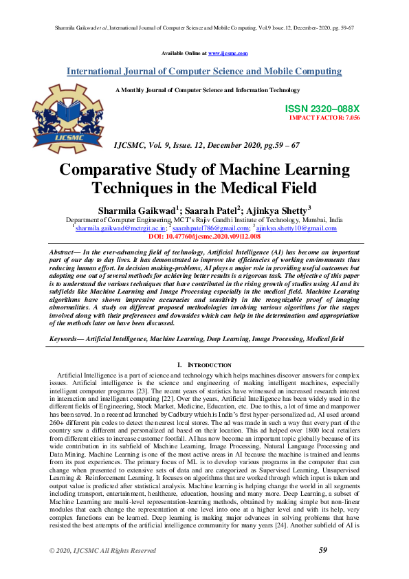 (PDF) Comparative Study of Machine Learning Techniques in the Medical ...