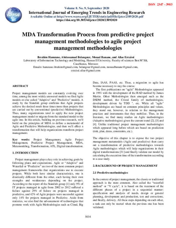 (PDF) MDA Transformation Process from predictive project management methodologies to agile ...
