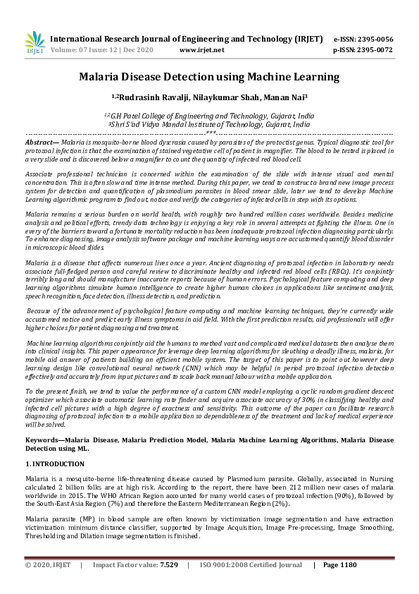 (PDF) IRJET- Malaria Disease Detection using Machine Learning